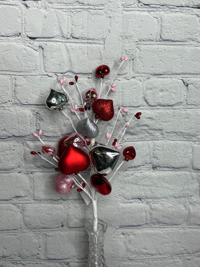 Valentine’s Heart Pick – Pink, Red & Silver 16", Heart Spray for ...