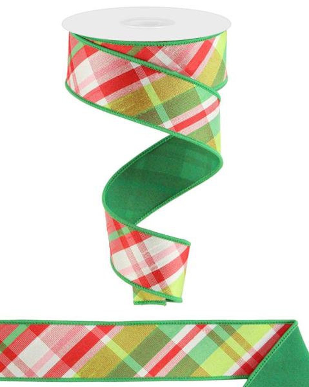 Watermelon Green and Pink Plaid Ribbon Fused With Green 1.5 ” X 10 ...