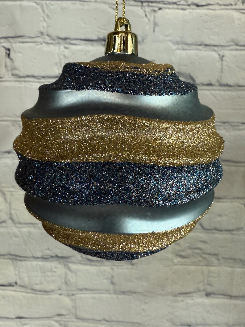 Ornament, Ice Blue, Smoke Blue, Gold Vertical Groove Ball W/ Glitter, 4 ...