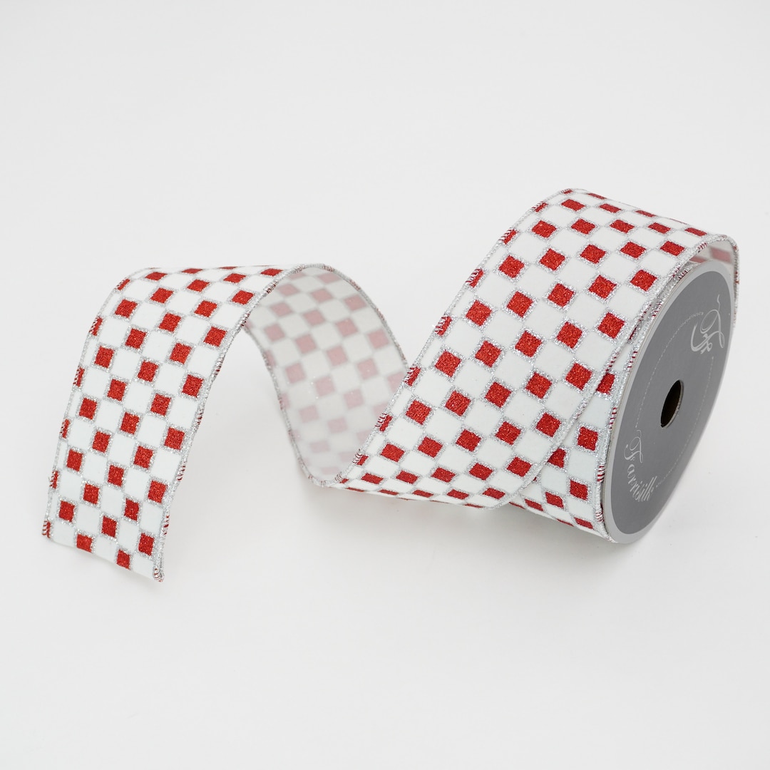 Ribbon Red White Silver Glittered Check 2.5" X 10 Yards Wired Ribbon ...