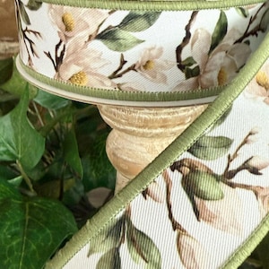 Magnolia Ribbon, Fused With Sage Green Backing 1.5” X 10 Yards Wired ...