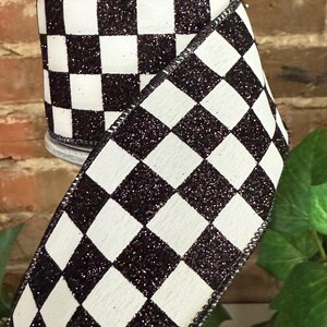 Black and White Glitter Check Wired Ribbon 2.5” X 10 Yds, Ribbon for ...