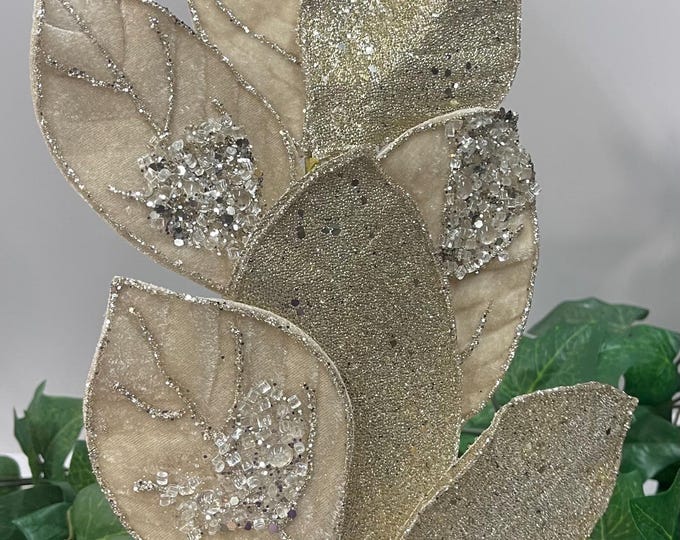 Champagne Salal Leaf Spray, Velvet W/ Glitter, 26", Winter Spray for ...