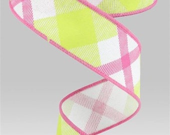 Hot Pink Yellow Lime and Turquoise Plaid Ribbon Fused With Purple 1.5 ...