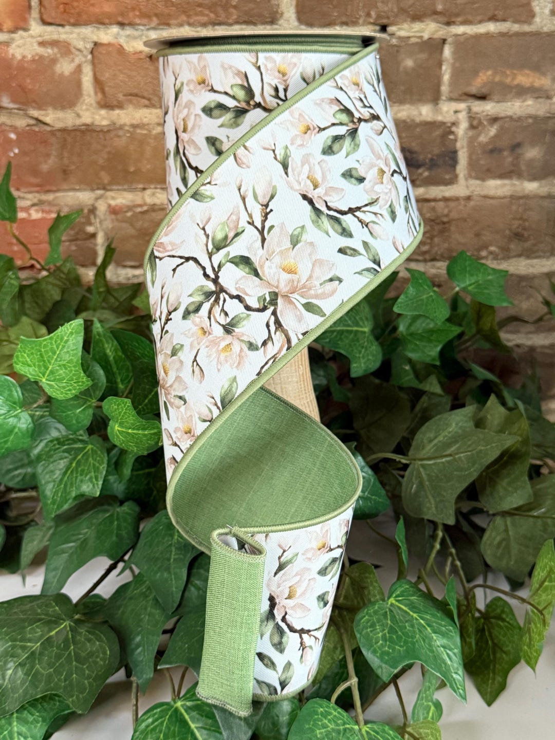 Magnolia Ribbon, Fused With Sage Green Backing 4” X 10 Yards Wired ...