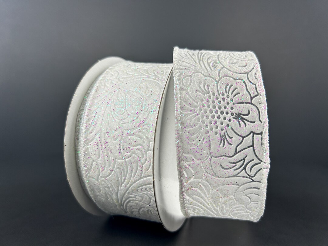 Embossed Ribbon, White Iridescent Glittered Floral, 1.5” X 10 Yards ...