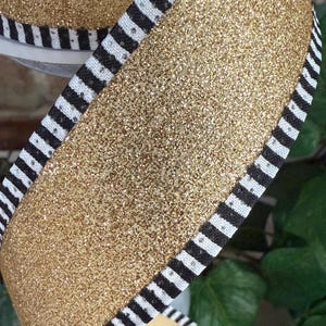 Gold Shimmer Glitter With Black and White Stripe Wired Ribbon 1.5” X 10 ...