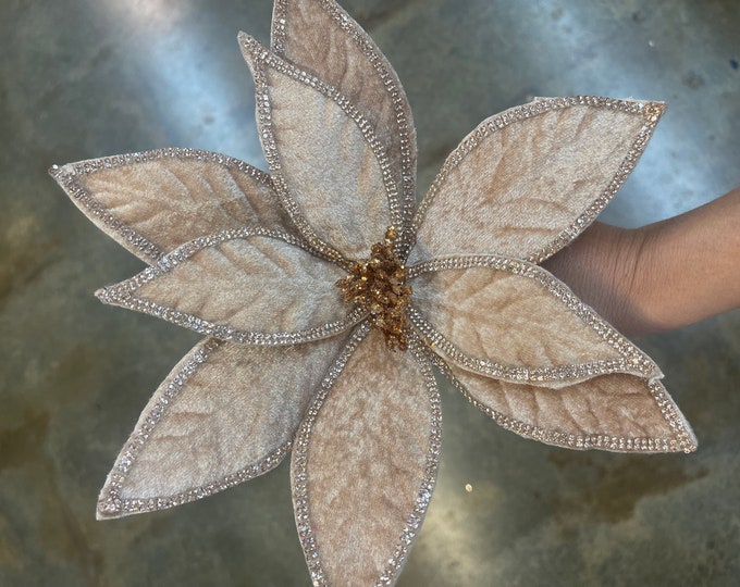 Gold Velvet Poinsettias Trimmed in Gold Jewels and Glitter Stem, Gold ...