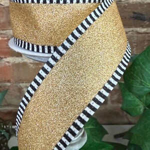 Gold Shimmer Glitter With Black and White Stripe Wired Ribbon 1.5” X 10 ...