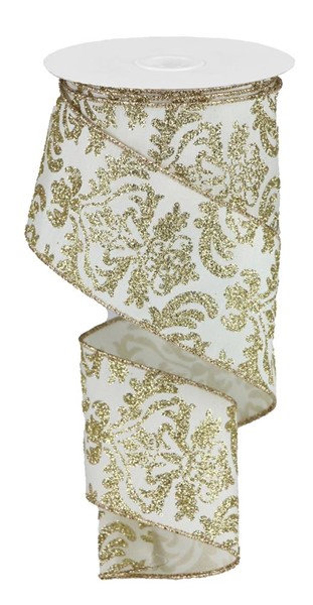 White Wired Ribbon With Glitter Light Gold Damask Design 2.5” X 10 ...