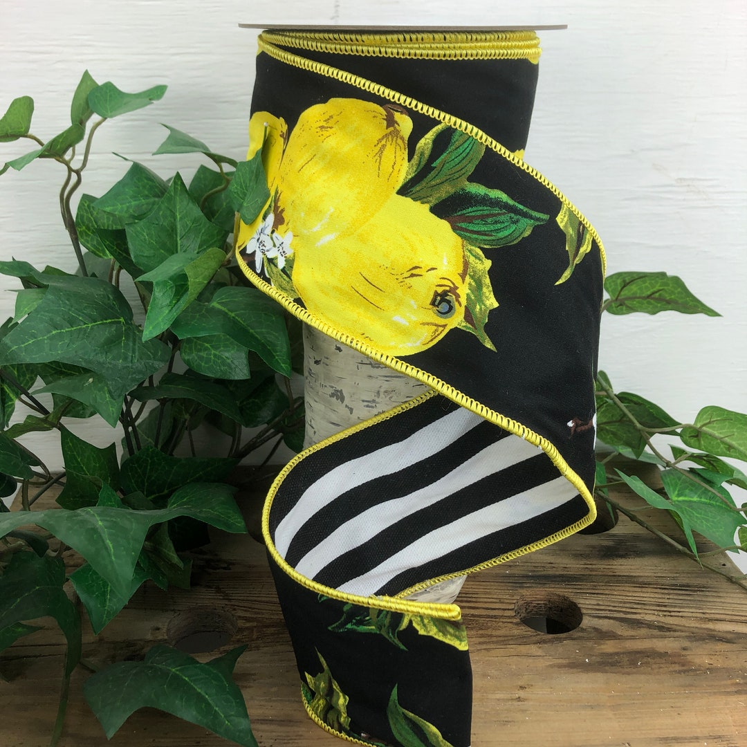 Lemon Ribbon With Black and White Stripe Backing 4”X10 Yards, Regency ...