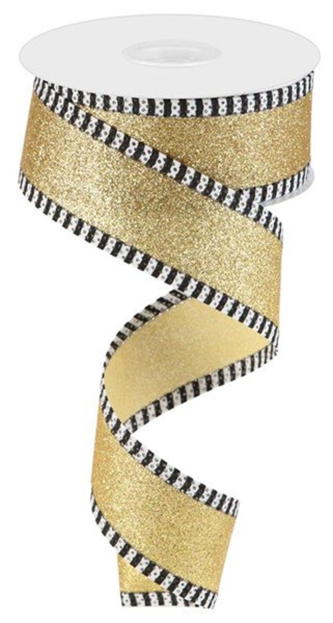Gold Shimmer Glitter With Black and White Stripe Wired Ribbon - Etsy