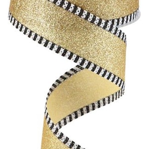 Gold Shimmer Glitter With Black and White Stripe Wired Ribbon - Etsy