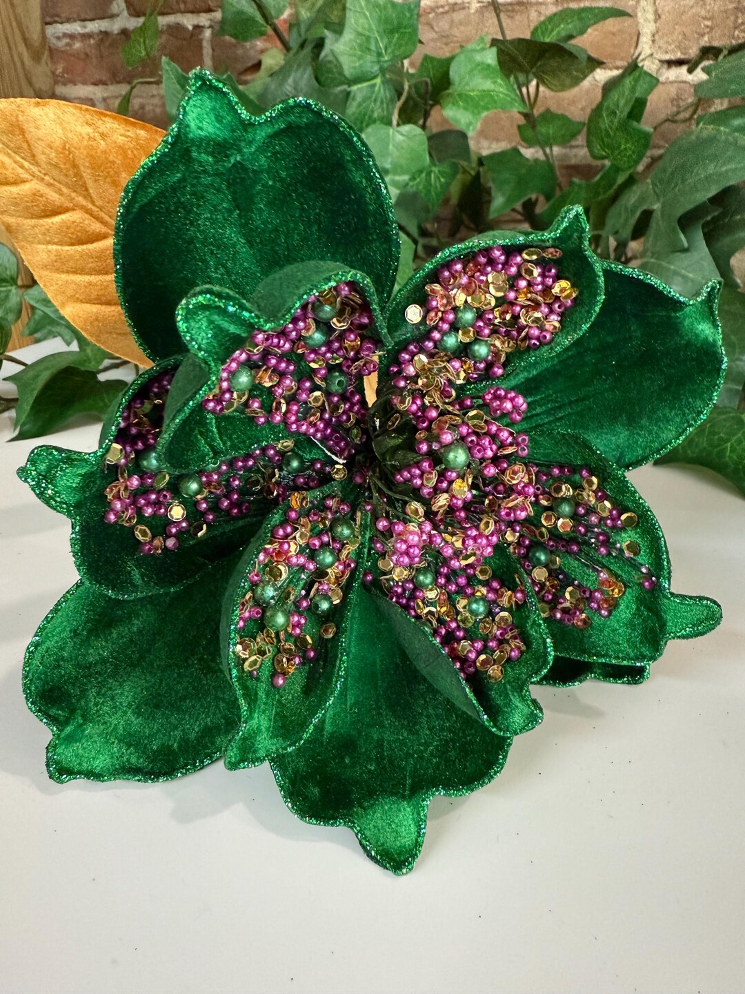 Mardi Gras Green Beaded Magnolia 18" X 7.5"dia, Mardi Gras for Wreaths ...