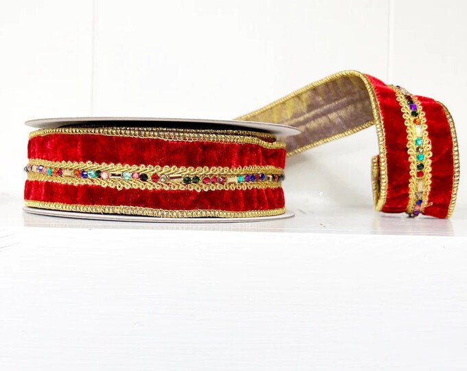Regal Red Velvet Wired Ribbon W/ Multi Gem and Gold Trim 1.5" X, 5 Yds ...