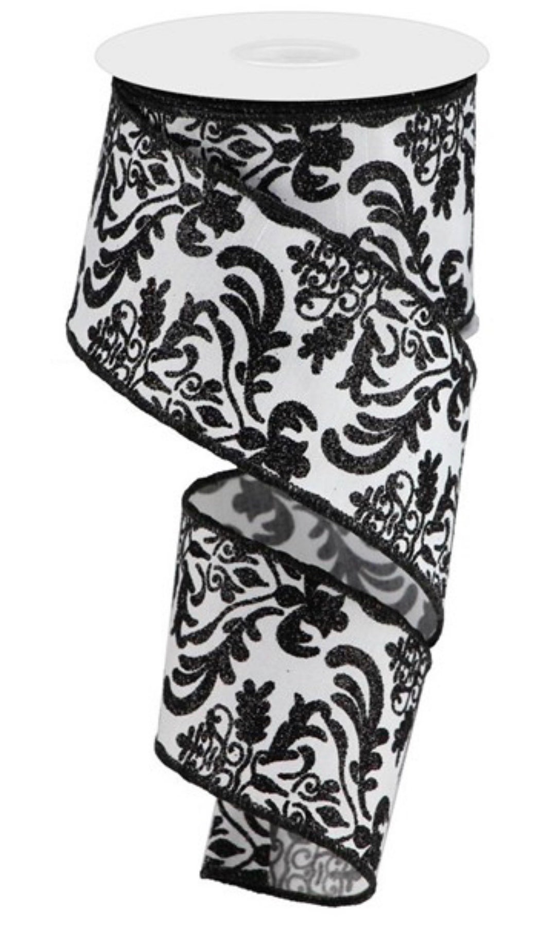 White Wired Ribbon With Black Damask Design 2.5 X 10 Yards, Ribbon for ...