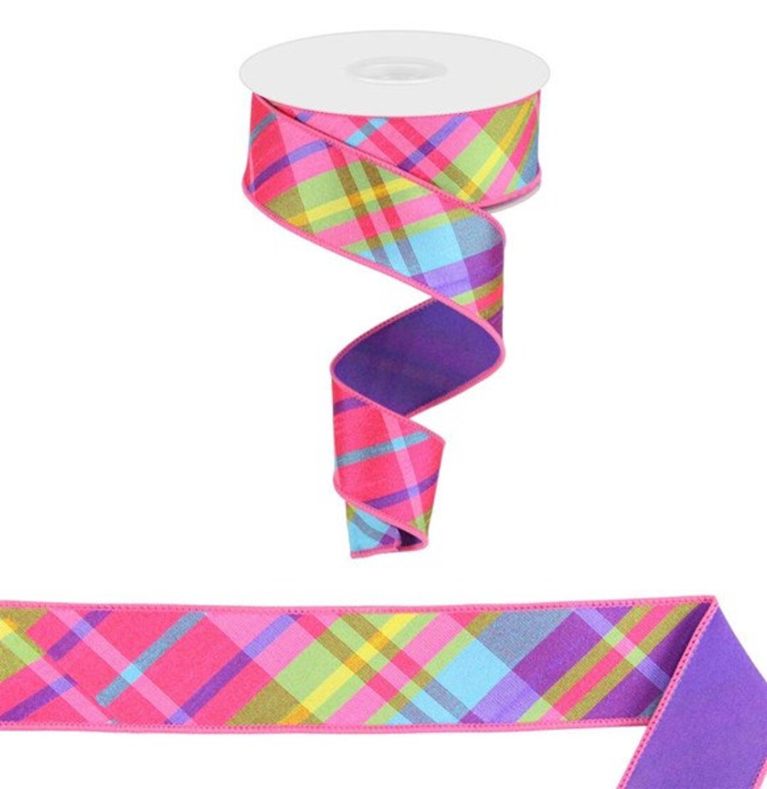 Hot Pink Yellow Lime and Turquoise Plaid Ribbon Fused With Purple 1.5 X ...