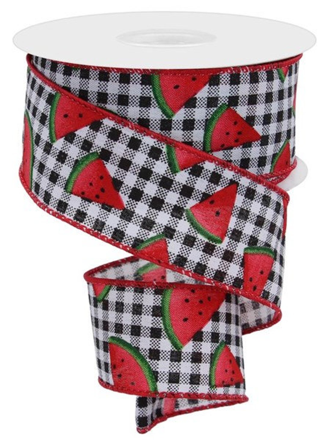 Ribbon, Watermelon Slices on Black and White Gingham 1.5” X 10 Yards ...