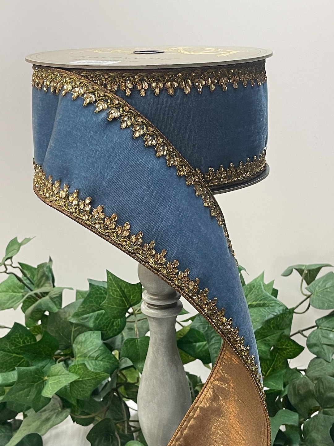 Dusty Blue Velvet Ribbon With Gold Scallop Jewel Trim, 4" X 10 Yd. D ...