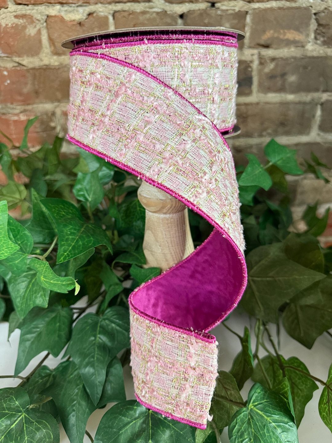 Pink White Gold Tweed Ribbon 2.5” X 10 Yards, D. Stevens Premium Ribbon ...