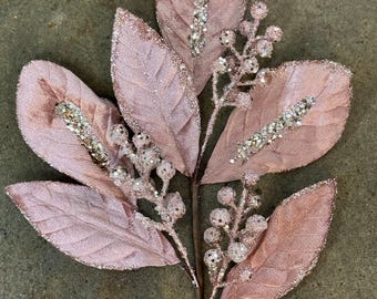 Champagne Salal Leaf Spray, Velvet W/ Glitter, 26, Winter Spray for ...