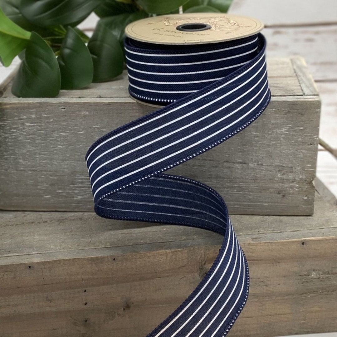 Navy and White Linen Mini Stripe Wired Ribbon 1.5” X 10 Yards ...