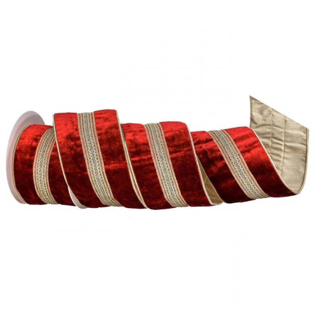 Red and Gold Braid Trim Velvet 4 Wired Ribbon, 5 Yds Premium Ribbon for ...