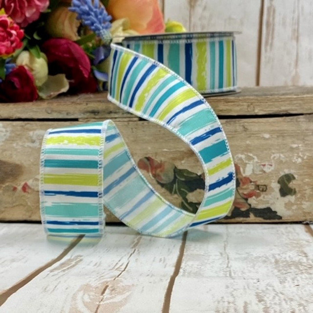 Vertical Blue Green Watercolor Stripes Wired Ribbon 1.5” X 10 Yds ...