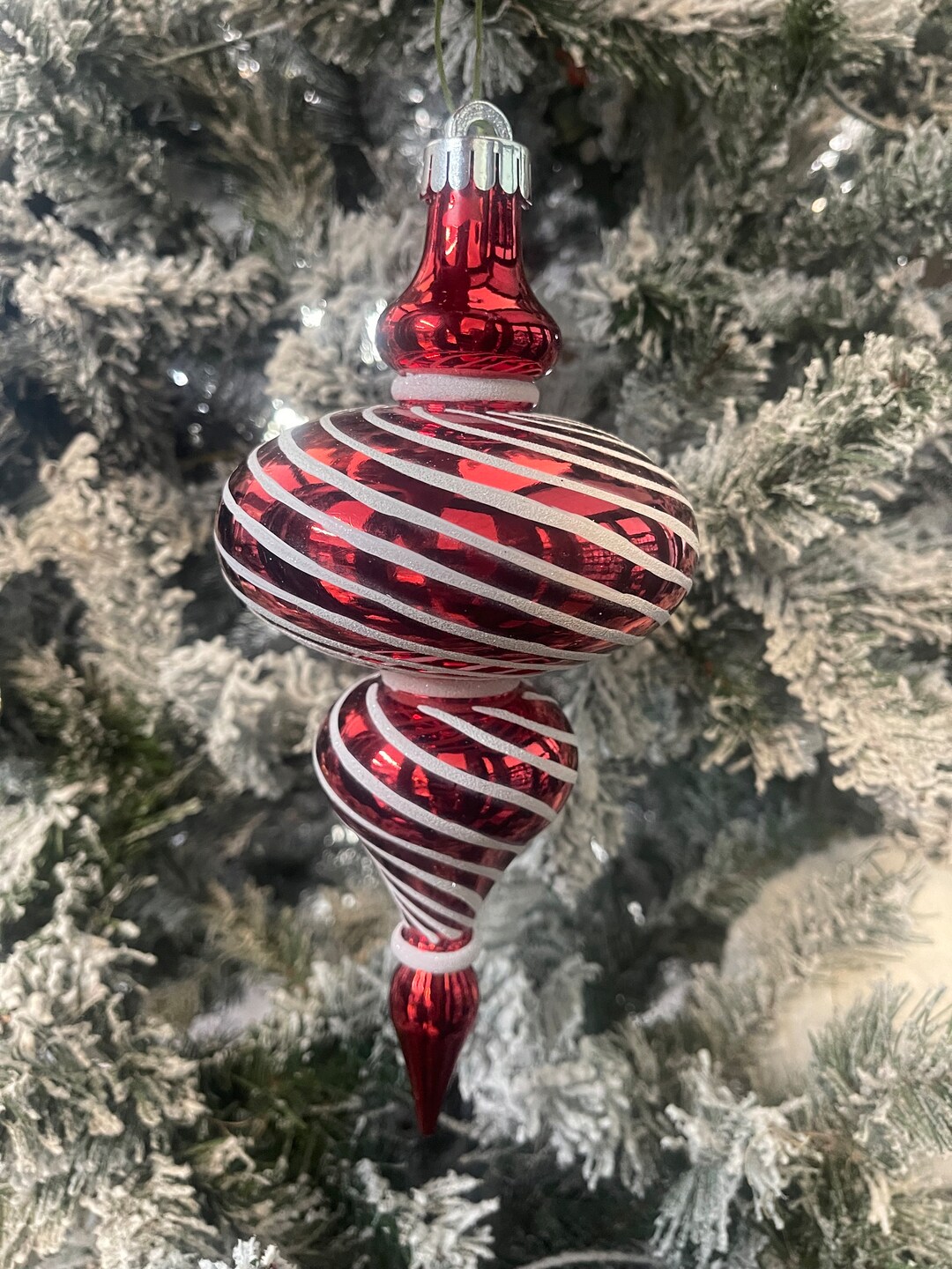 Ornament, Red and White Reflective Finial W/ Glitter, 10" H X 4.5"w ...
