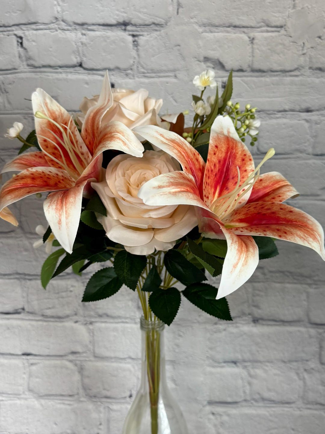 Tiger Lily Rose Bush, 12 Stems With Beige Roses, Salmon Lilies ...