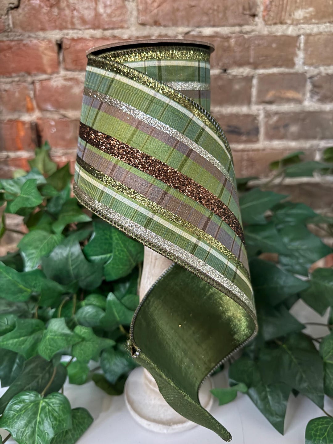 Olive Brown and Gold Glitter Stripe Wired Ribbon 4” X 10 Yards, Perfect ...