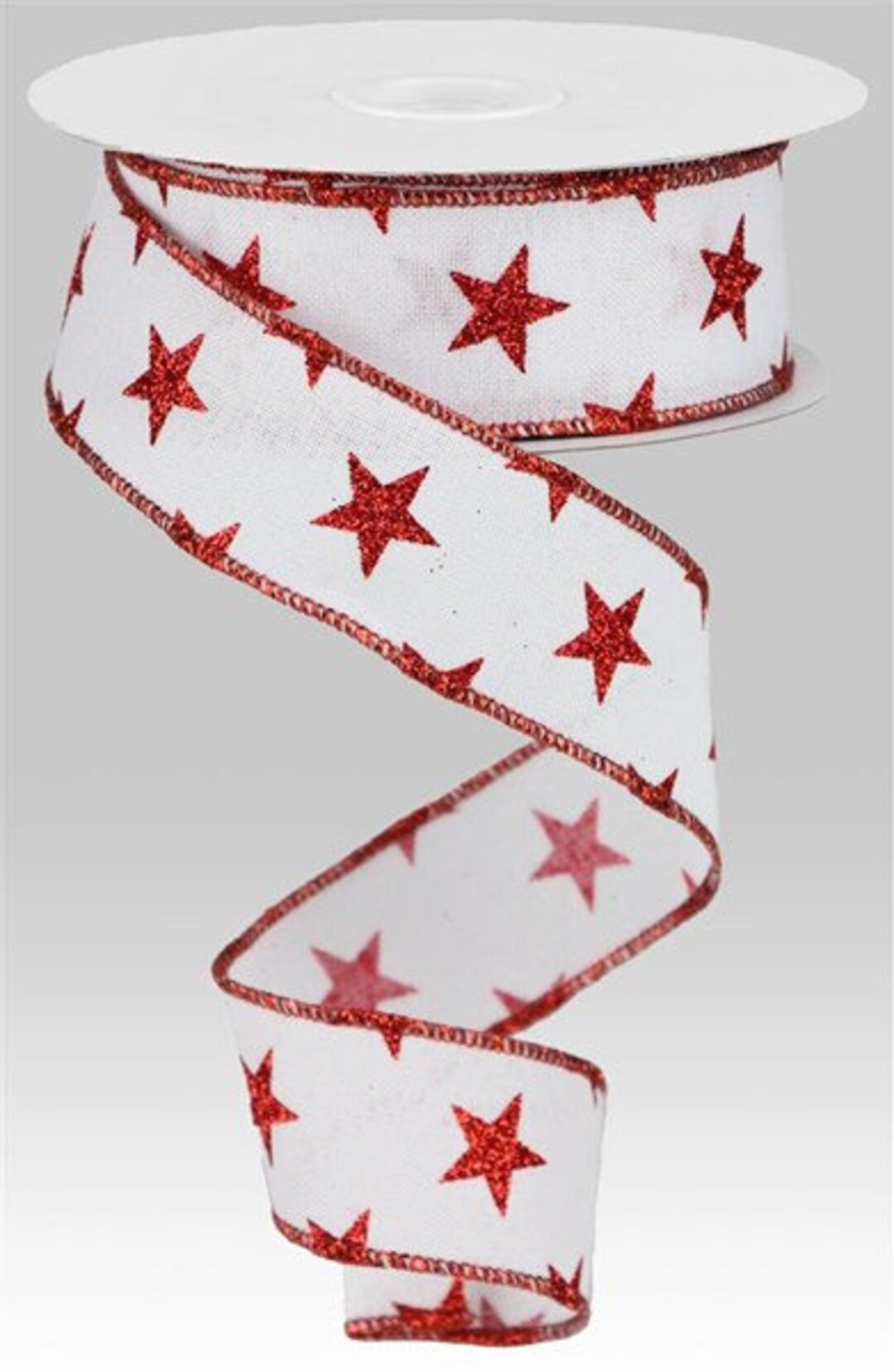 Red Glitter Stars on White Wired Ribbon 1.5” X 10 Yards, July 4th ...