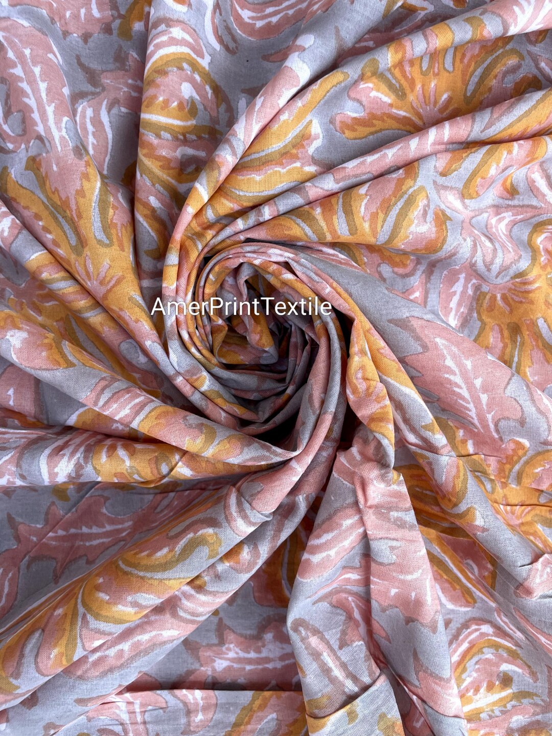 Indian Hand Block Print Cotton Fabric – Grey With Mustard Floral ...