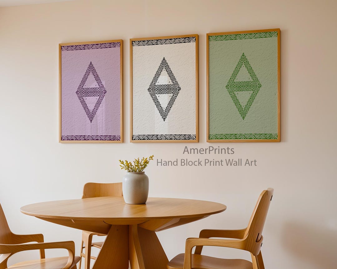 Indian Hand Block Print Wall Art Set of 3 | Boho Geometric Pattern ...