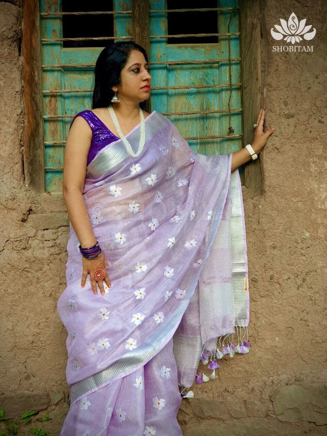 Lavender Parijaat Flower Embroidery Tissue Linen Saree | Shobitam Saree ...