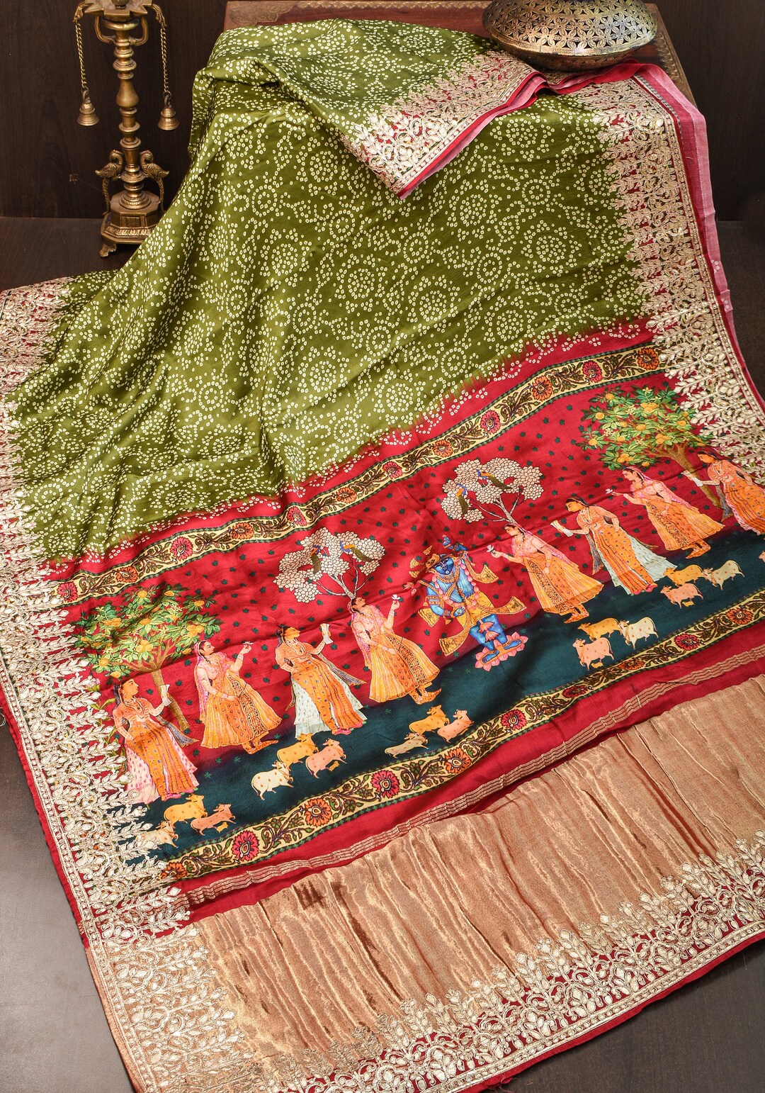 Gajji Silk Saree in Henna Green With Bandhni Digital Print, Pichwai ...