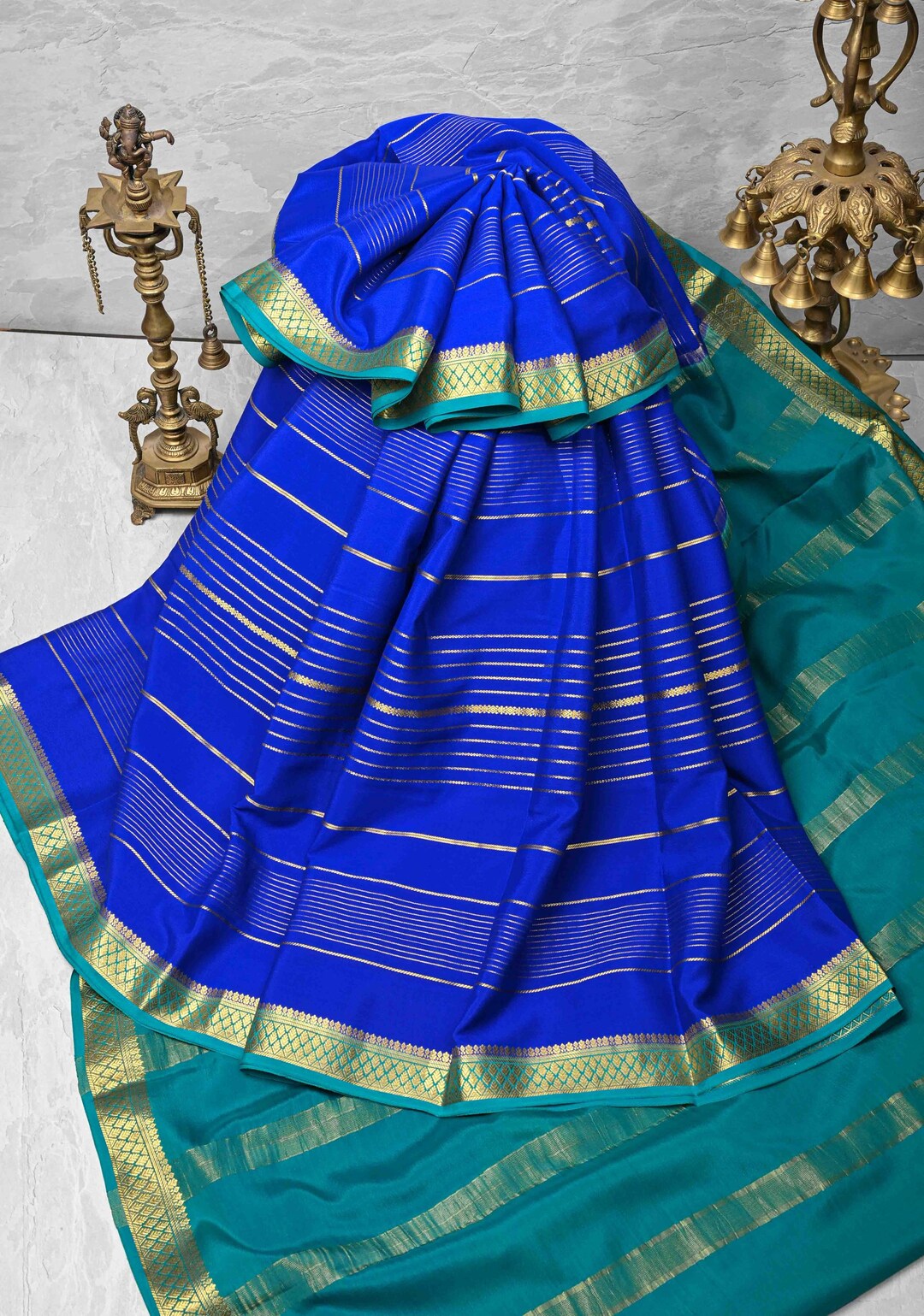 Persian Blue Mysore Silk Saree With Horizontal Zari Stripes and Zari ...