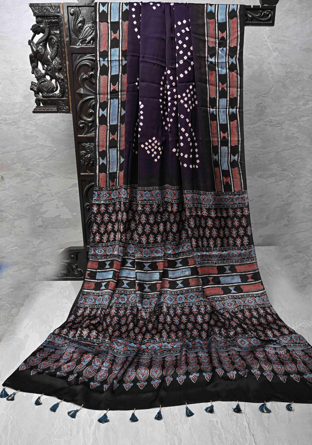 Modal Silk Saree With Sarkam Bandhni Ajrakh Fusion Saree in Dark Purple ...