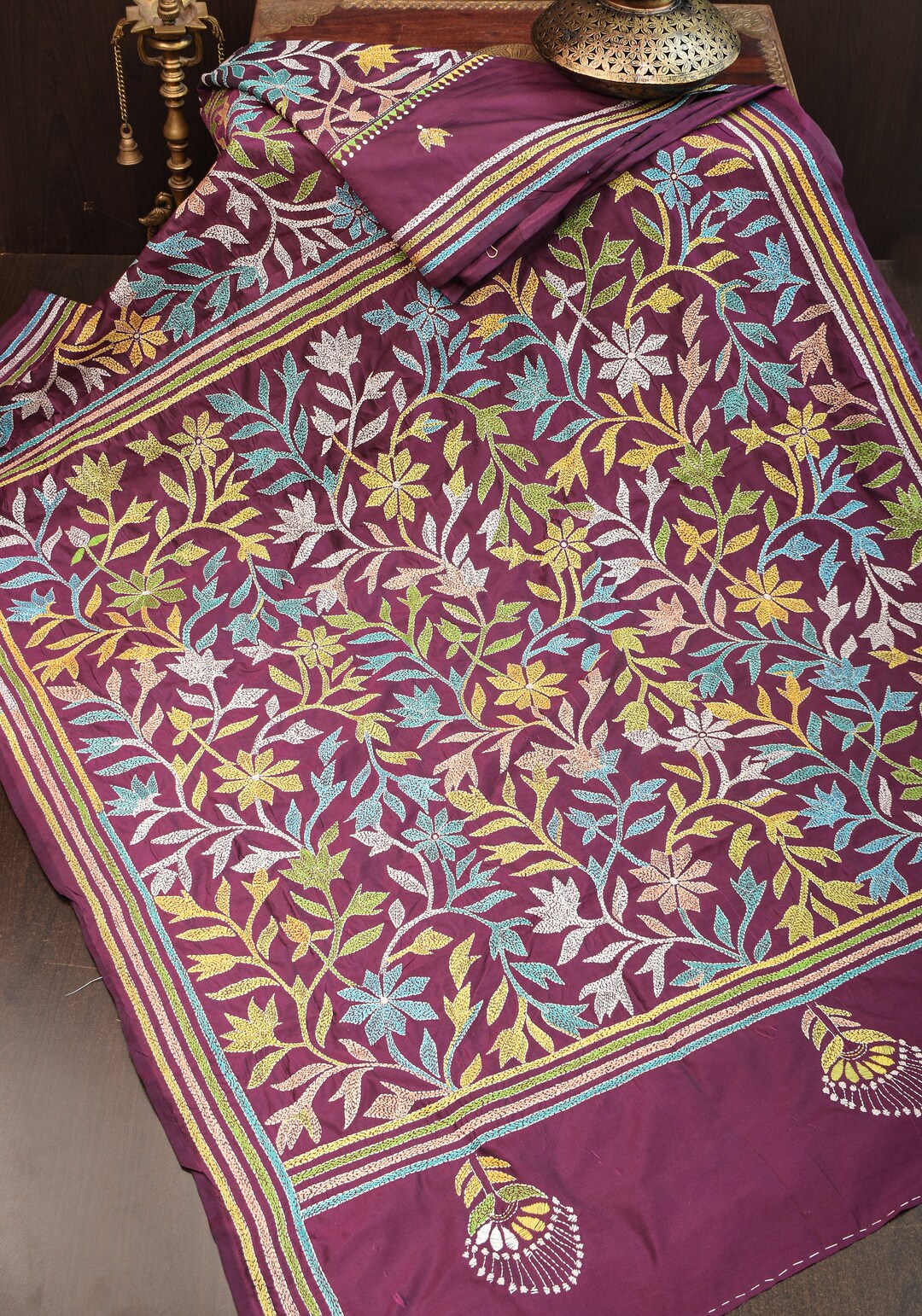 Dense Kantha Hand Embroidery With Rising Border and Heavy Pallu on Plum ...