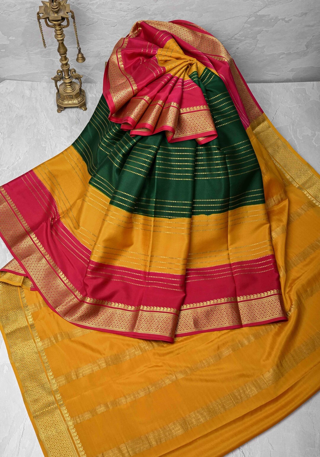 Green Mysore Silk Saree With Horizontal Zari Stripes and Panel Border ...