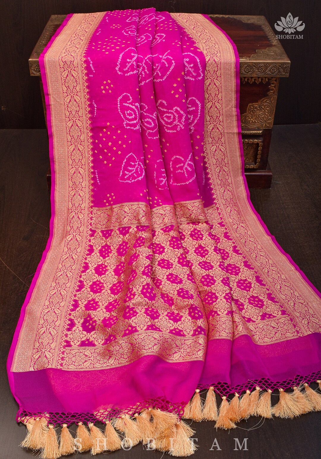 Sarkam Bandhej Design on Banarasi Pure Silk Georgette in Pink SILK MARK ...