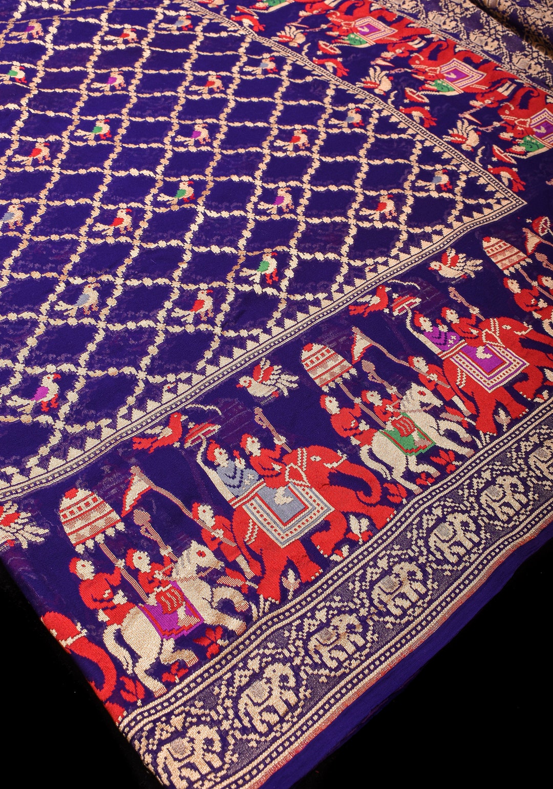 Meenakari Royal Procession Border Pure Silk Georgette Saree in Deep ...