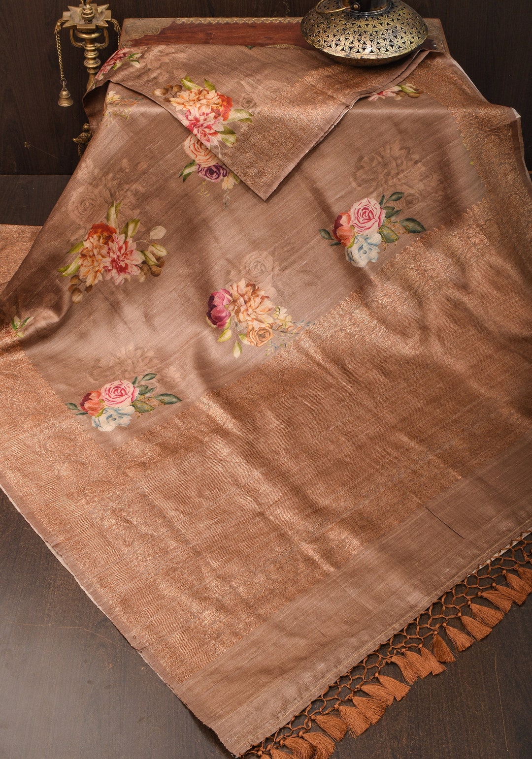 Mocha Authentic Banarasi Floral Print on Pure Tussar Silk Saree With ...