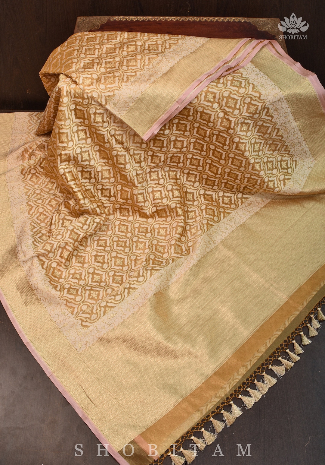 Beige and Gold Trellis Jaal Kora Tissue Banarasi Saree SILK MARK ...