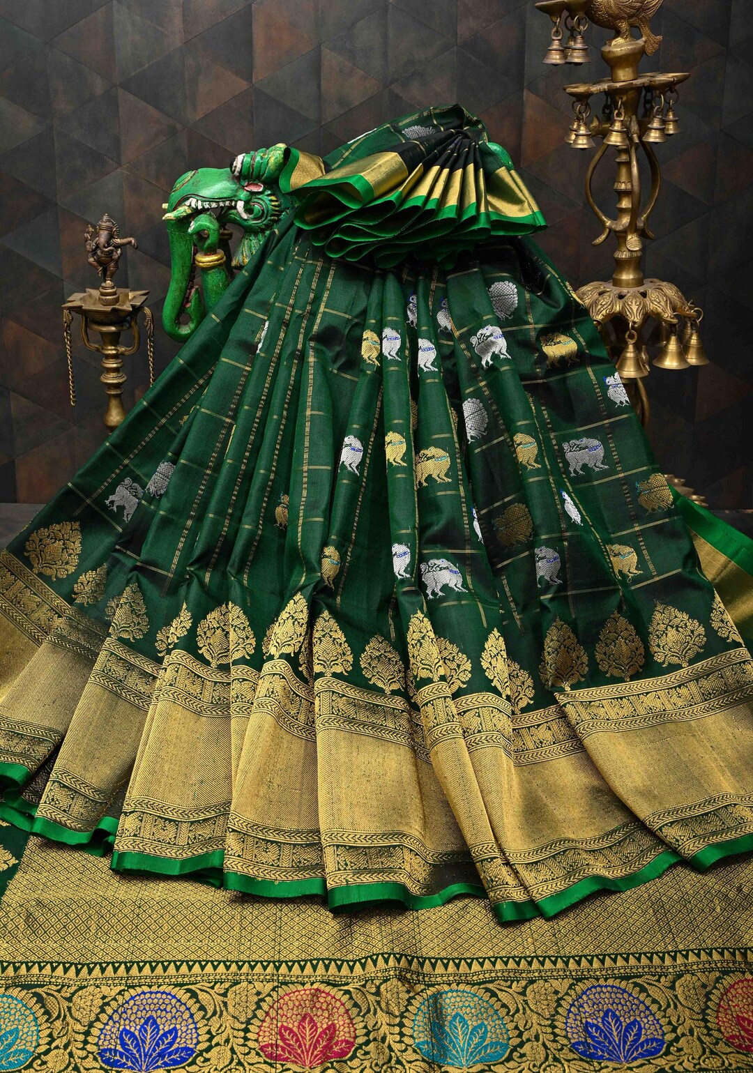 Dark Green Checks Gadwal Pure Silk Saree With Meenakari Buttas and Zari ...