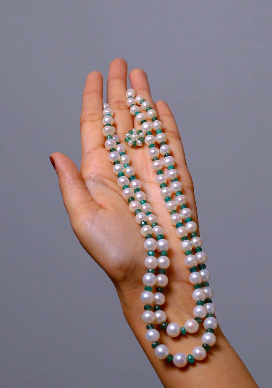 2 Strand Pearls and Real Emerald Necklace Set - Etsy