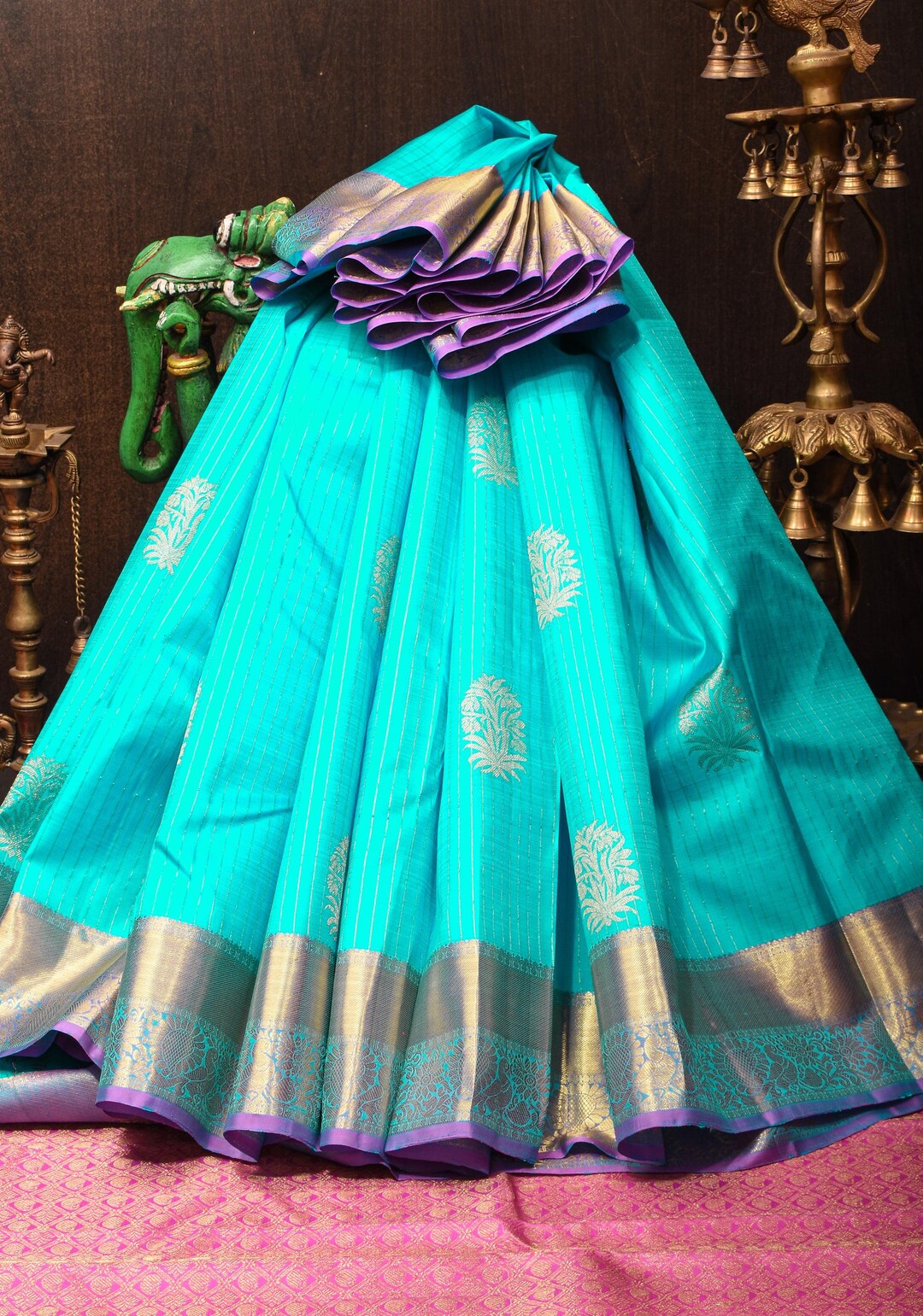 Ananda Blue Kanjivaram Silk Saree With Floral Motifs and Zari Border ...
