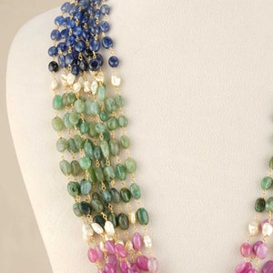 925 Silver , Natural Ruby, Emerald, Blue and Yellow Saphire Multistrand Necklace - Etsy
