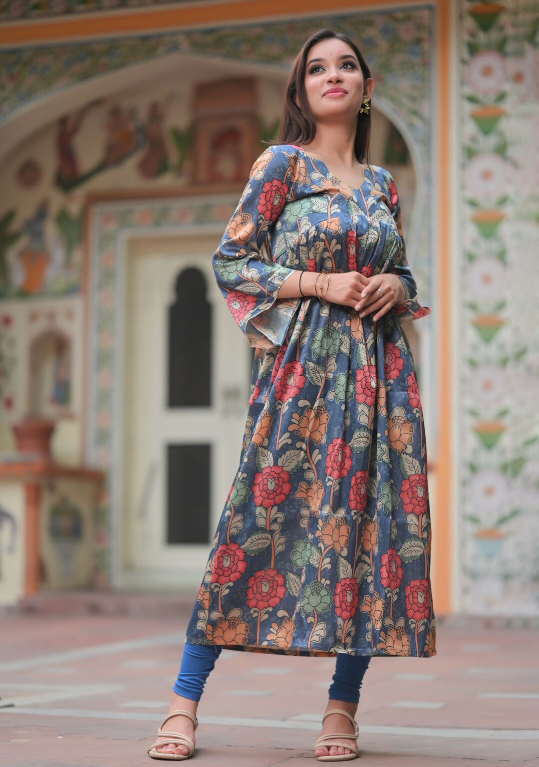 Neelam Blue Kalamkari Print Fish Tail Yoke Kurti and Leggings 2 Piece ...