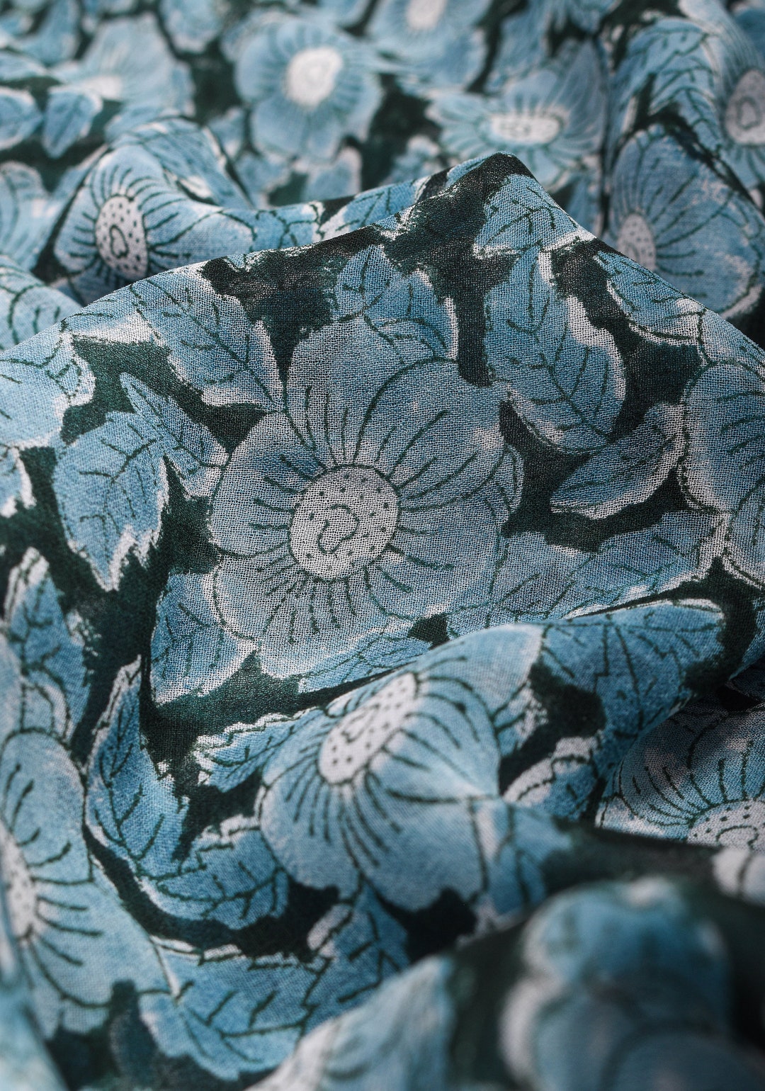 Blue Gray Sanganeri Hand Block Print Floral Design on Flowy Georgette ...